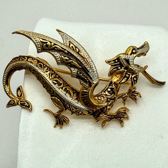 Jewelry | Vintage Damascene Gold Silvertone Dragon Brooch Pin Mythical ...